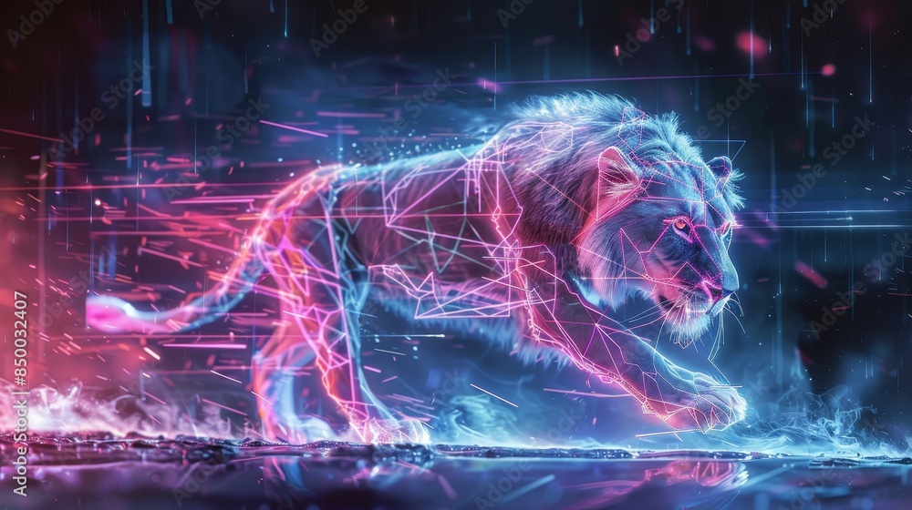 Cyber lion with neon streaks running through a dystopian landscape ...