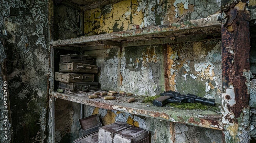 Inside a forgotten bunker, the walls lined with peeling paint and moss ...