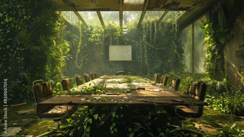 Overgrown abandoned conference room, vines climbing walls, floor ...