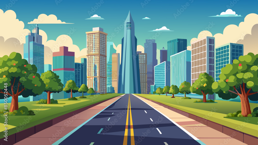 Busy summer street, a road flanked by skyscrapers and trees, straight ...