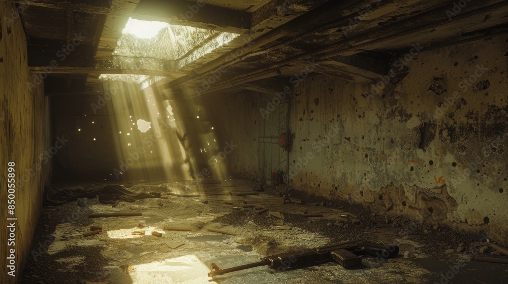 The interior of a desolate bunker, the floor littered with old debris ...