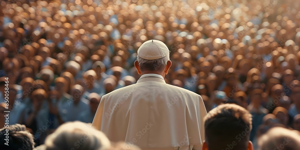 Pope addressing a large crowd from behind with an audience in view ...