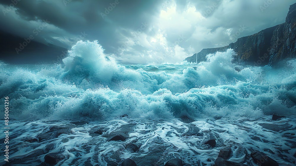 Glacial lake outburst flooding a valley, powerful water surge with ...