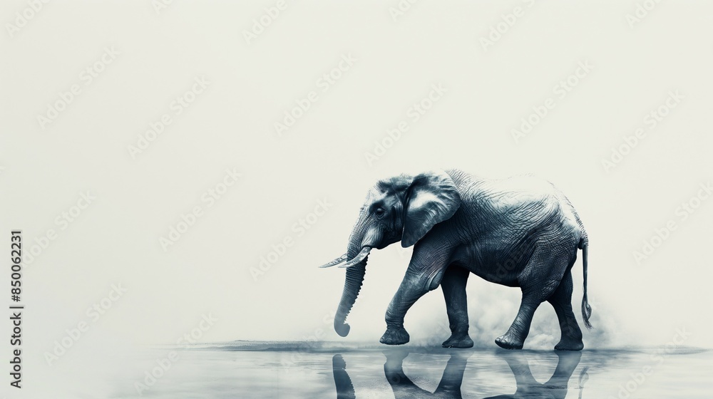 Artistic black and white depiction of a solitary elephant walking on a ...