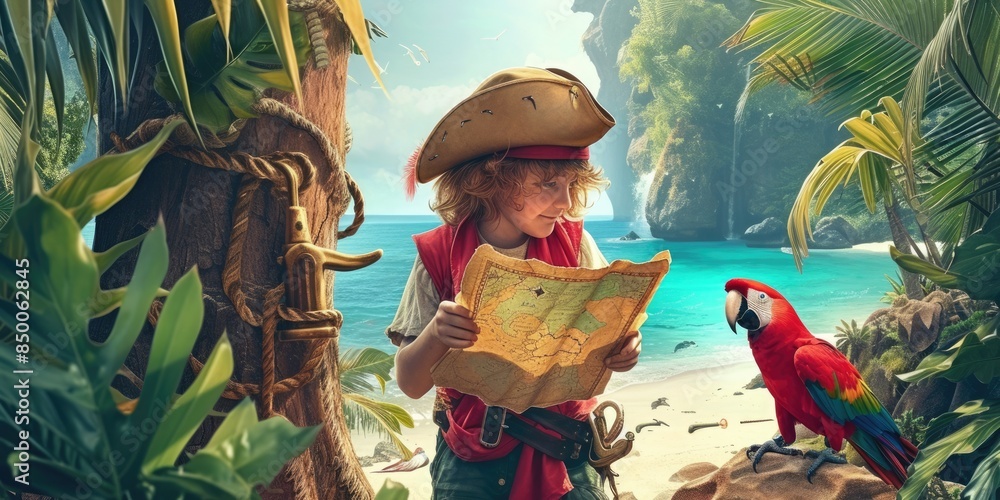 Smart child wearing pirate uniform while looking at treasure map at ...