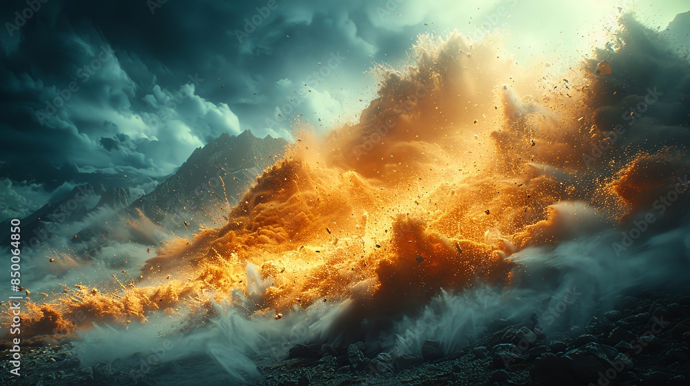 Landslide on a mountain, rocks tumbling down with dust clouds rising ...