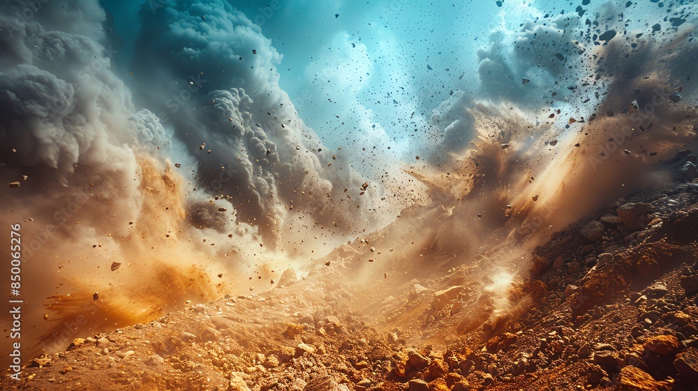 Landslide on a mountain, rocks tumbling down with dust clouds rising ...