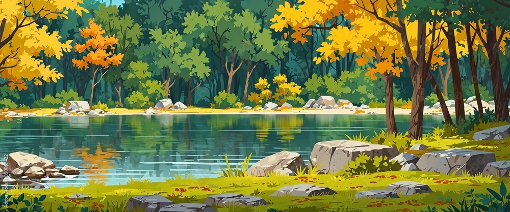 Forest and lake landscape with autumnal foliage, yellow foliage, green ...