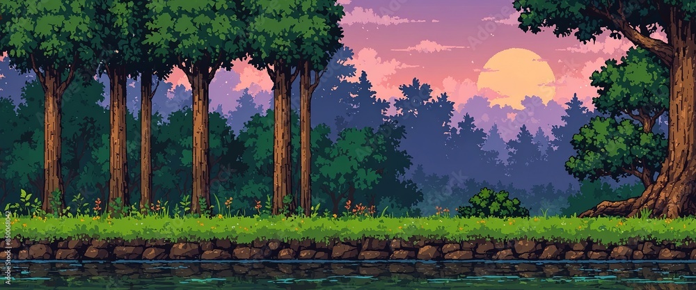 2d pixel art of forest at sunrise, game art, 16 bits, 32 bits. Stock ...