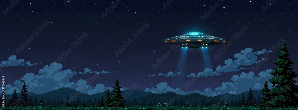 2d pixel art of ufo over the firld at night, alien spaceship, game art ...