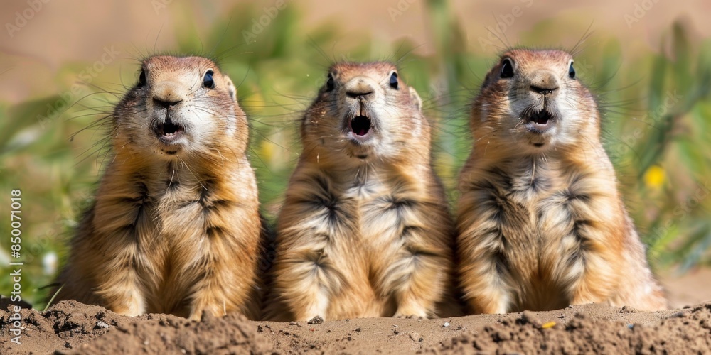 Three surprised prairie dogs, animal world, character animal harmony ...