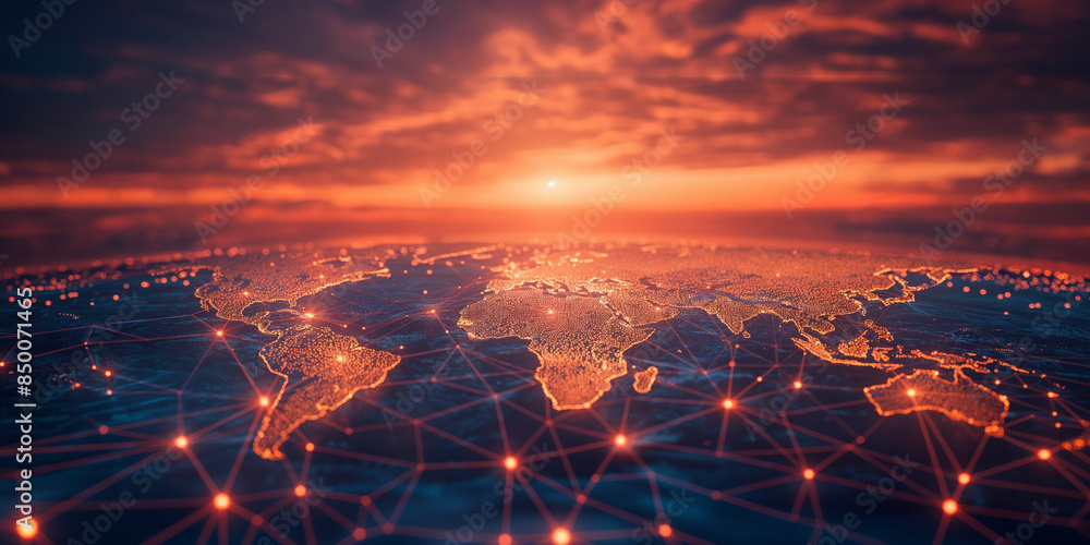 Global Network Connectivity at Sunset" "World Map with Digital ...