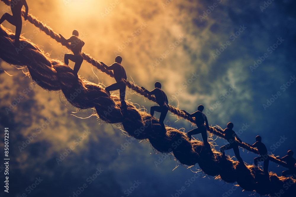Silhouetted figures climb a giant rope against a dramatic sky ...