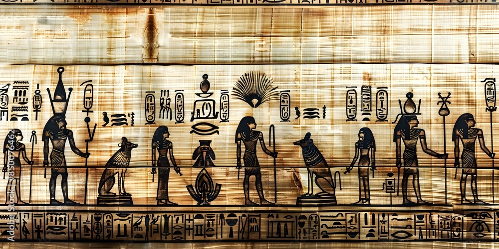 Ancient Egyptian hieroglyphics on textured papyrus scroll against white ...