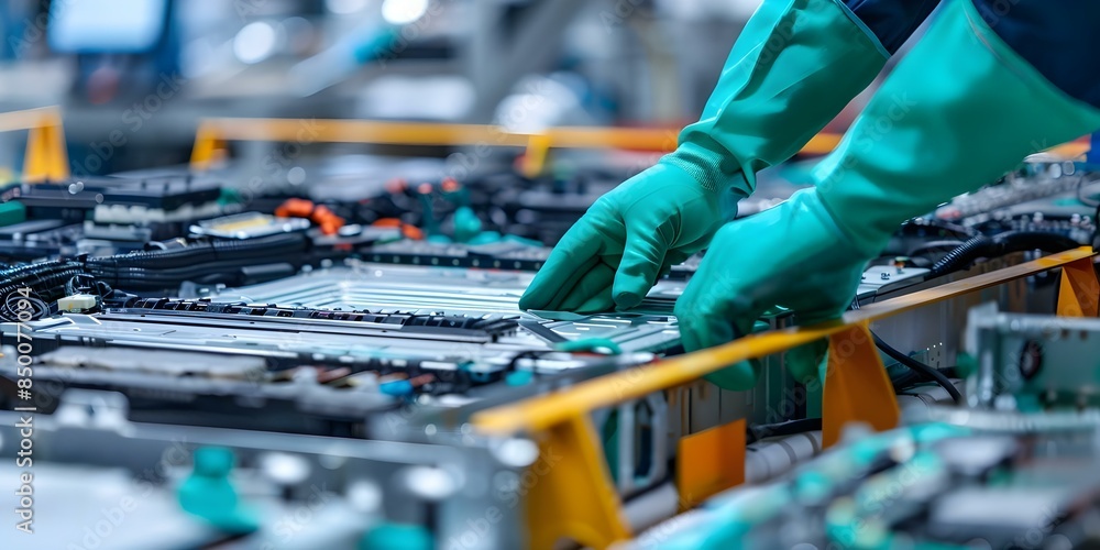 Engineers in green gloves disassemble an electric vehicle battery in a ...