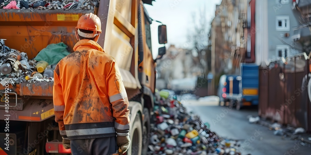 Garbage collector in urban area loading waste into recycling truck for ...