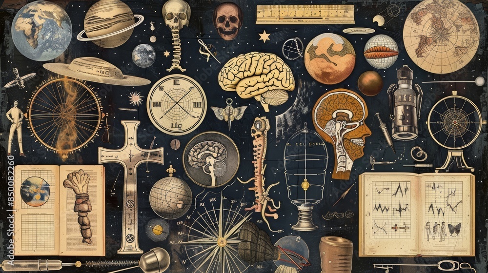 A detailed vintage collage featuring anatomical and medical ...