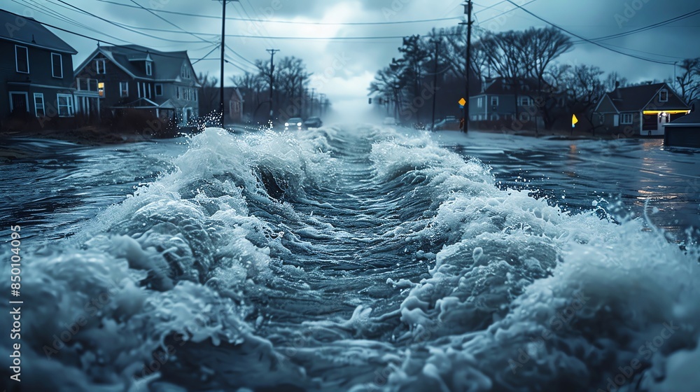 Storm surge flooding a coastal road, water rushing in with powerful ...
