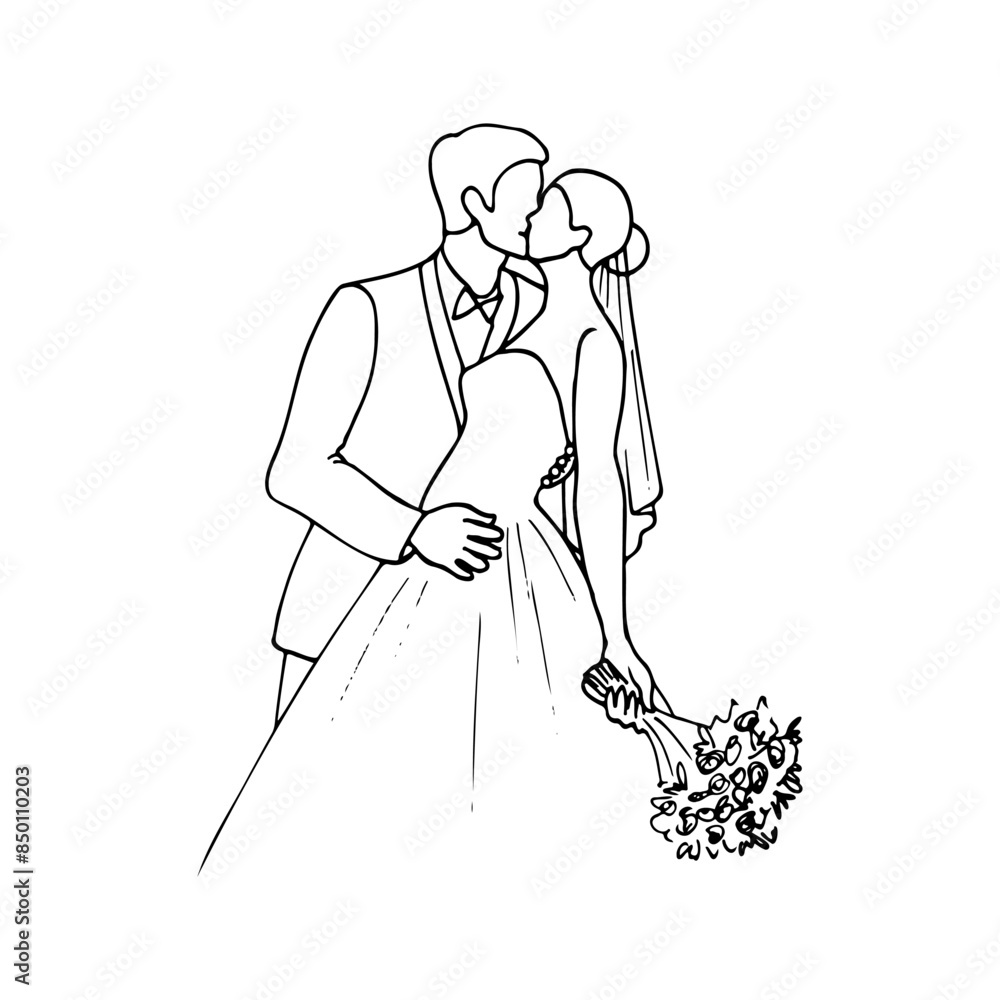 bride and groom kissing - hand drawn doodle illustration of a man ...
