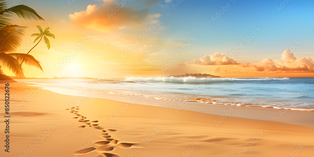 Tropical beach scene at sunset with palm tree tropical beach. Palm ...