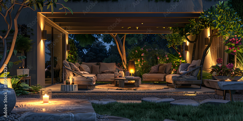Modern Garden Patio Design at Night Stylish Exterior with Arbour Gazebo ...