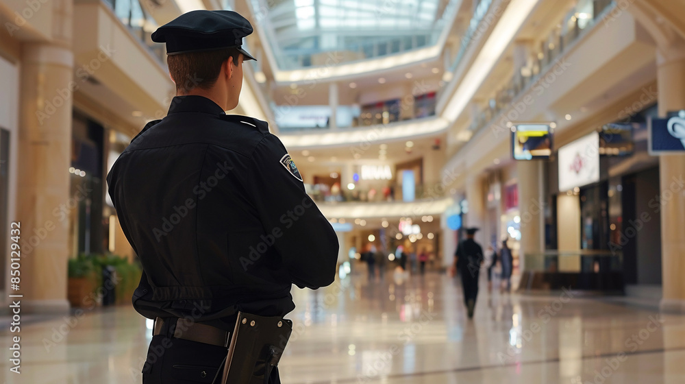 A uniformed security guard patrols the upper floor of the mall, which ...