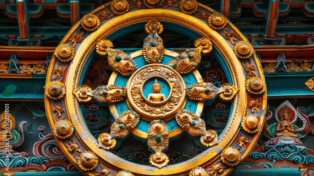 Buddhist Wheel of Dharma: Design a vibrant and detailed image of the ...