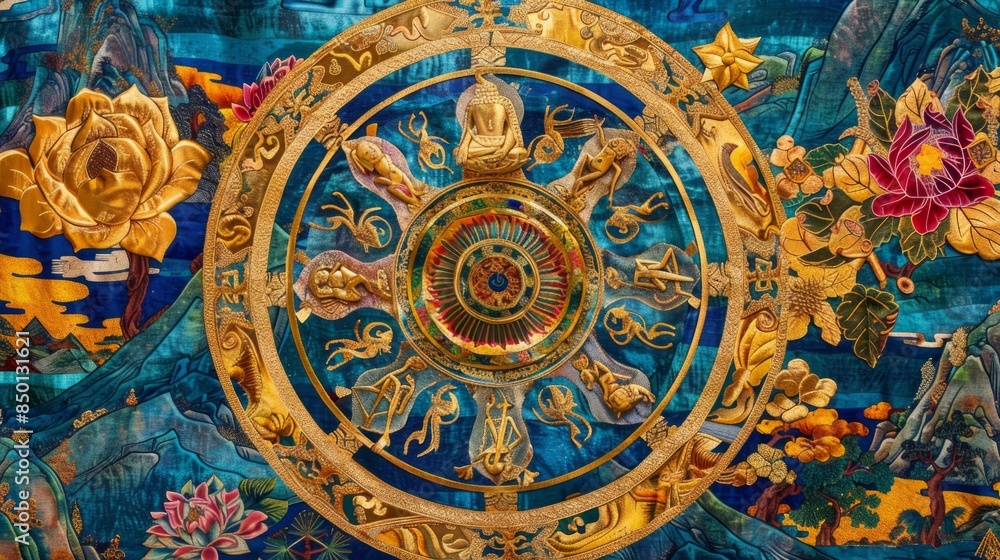 Buddhist Wheel of Dharma: Design a vibrant and detailed image of the Buddhist Wheel of Dharma ...