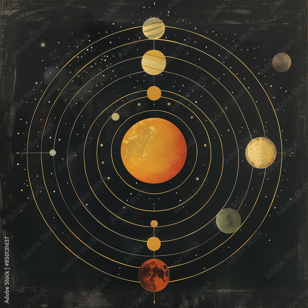 A detailed diagram of the solar system, showcasing the planets orbiting ...