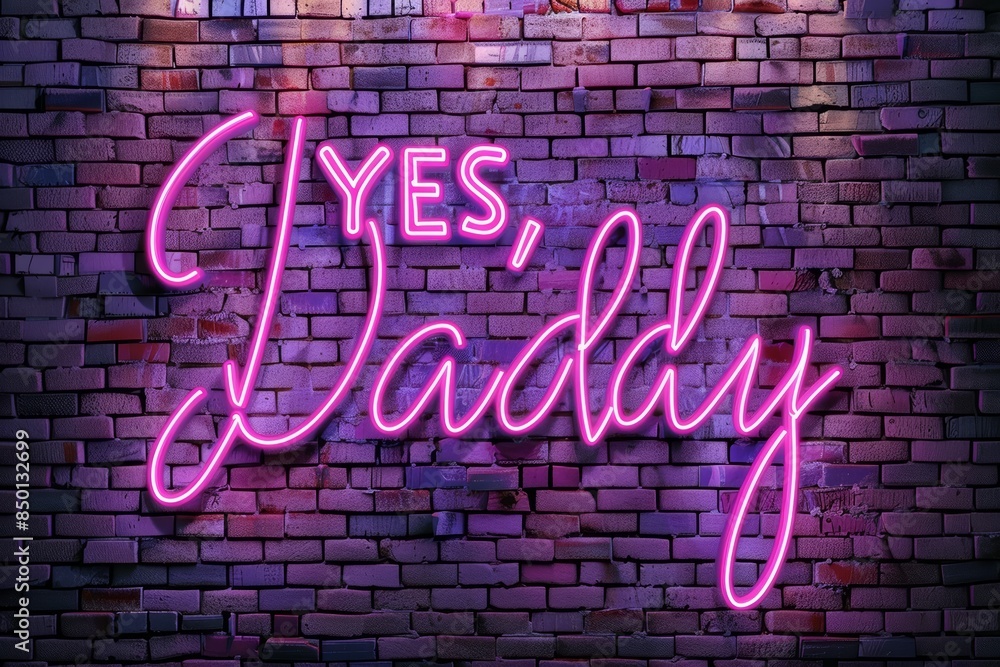 The text Yes, Daddy is written in neon sign in glowing pink color on a ...