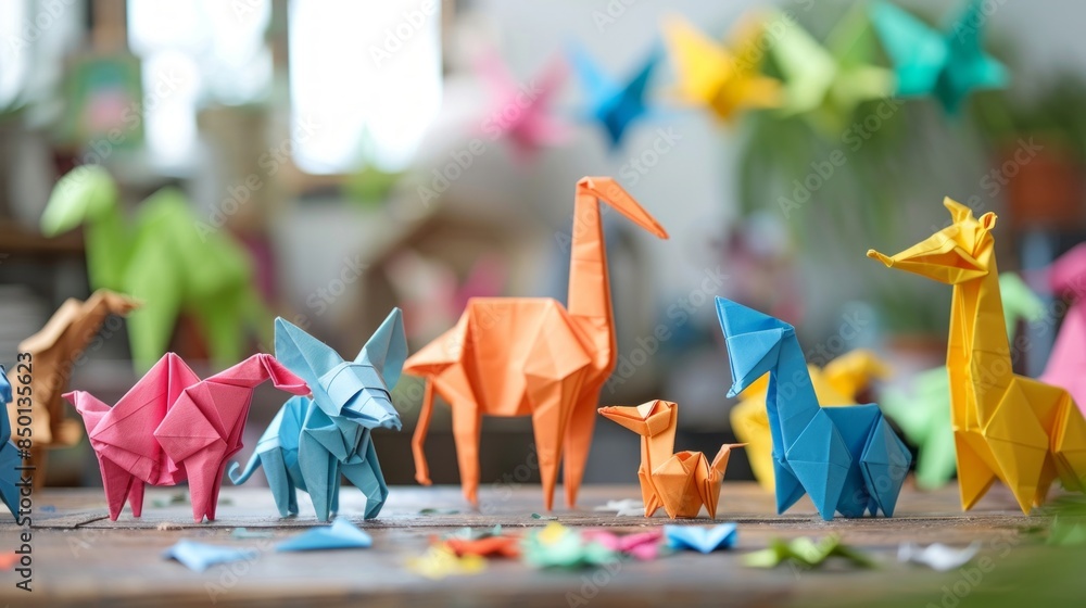Origami Art: Illustrate a scene of intricate origami art, featuring a ...