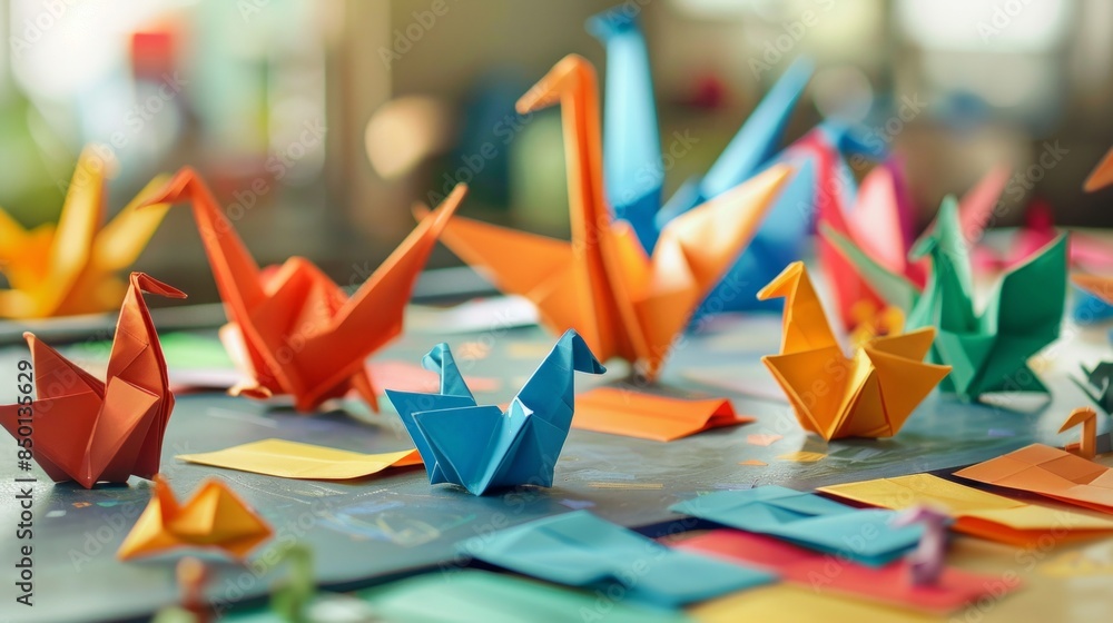 Origami Art: Illustrate a scene of intricate origami art, featuring a ...