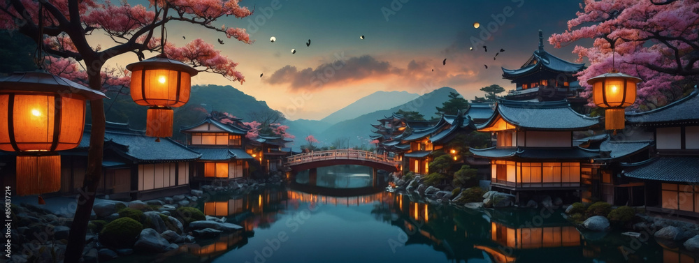 Dreamlike Japanese village, fantasy scene art, with floating lanterns ...