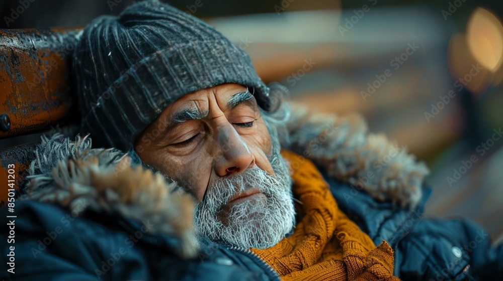 homeless person sleeping on a park bench, their weathered face etched ...