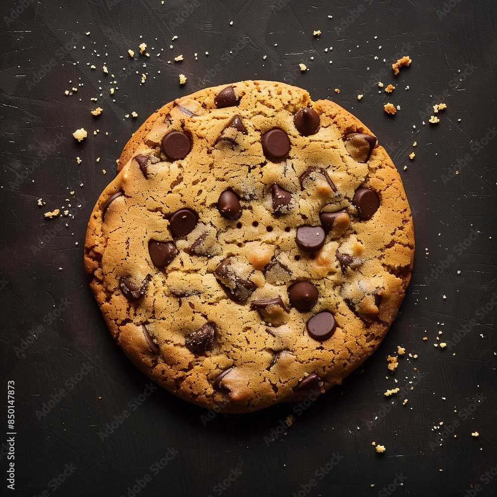 Delicious chocolate chip cookie on a dark background, tempting and ...