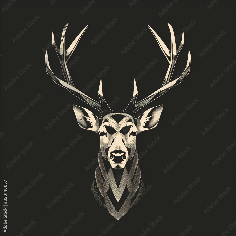 Stylized geometric deer head with large antlers against a dark ...