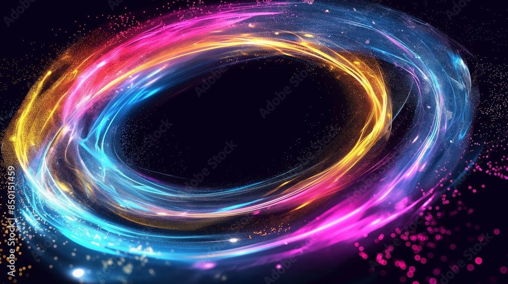 Bright colored abstract ring particle effect, swirling particles visual ...