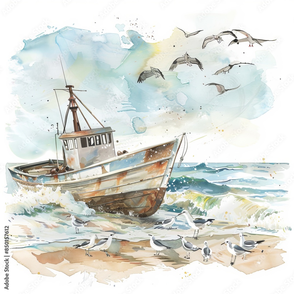 Watercolor painting of a boat stuck on a sandbar, with waves crashing ...