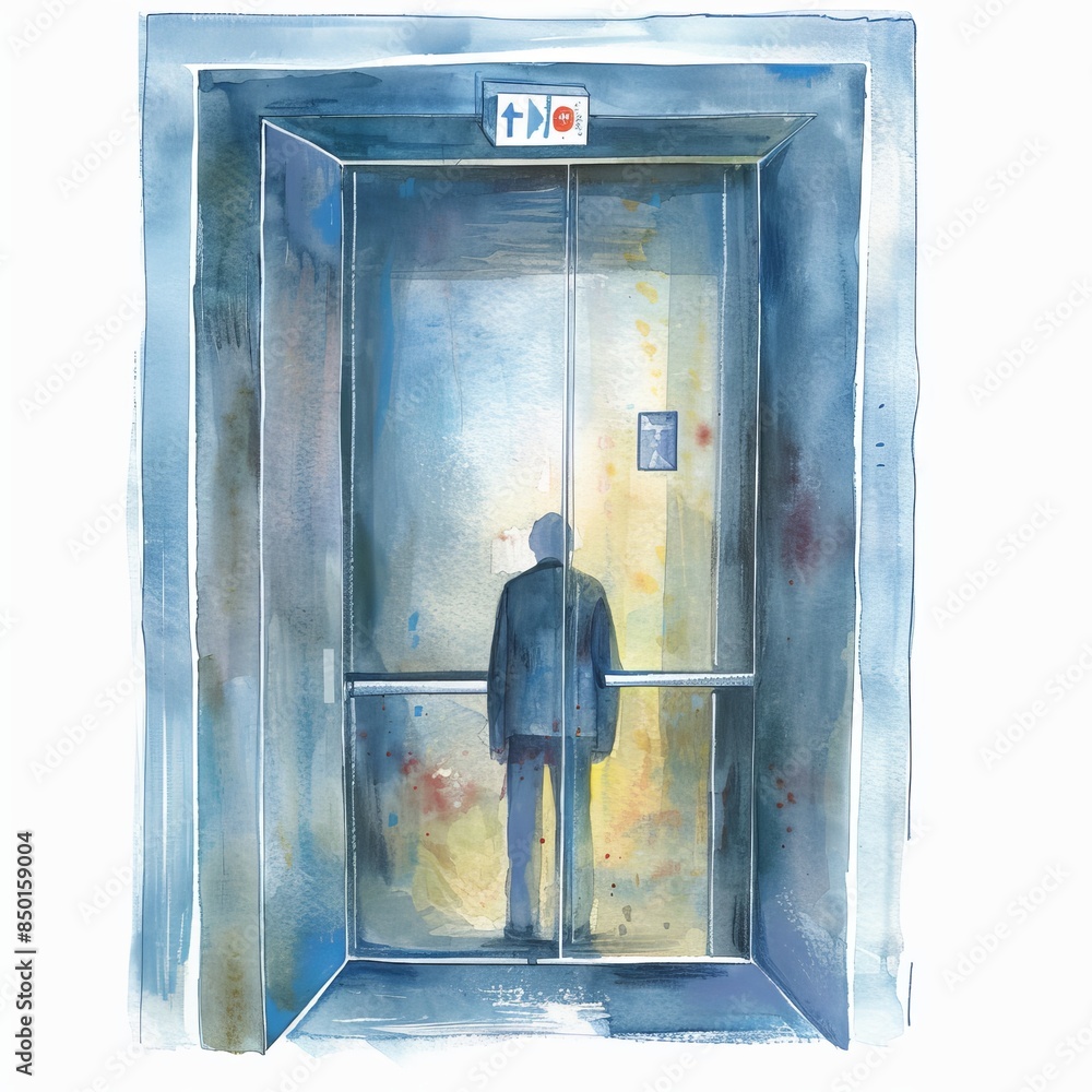 Watercolor painting of a person stuck in an elevator, with the doors ...