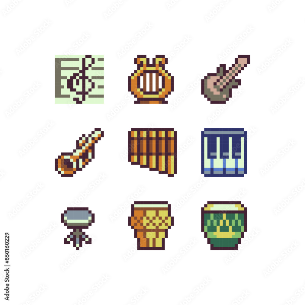 Music instrument pixel art style icons set, emoji. 8-bit sprite. Design ...