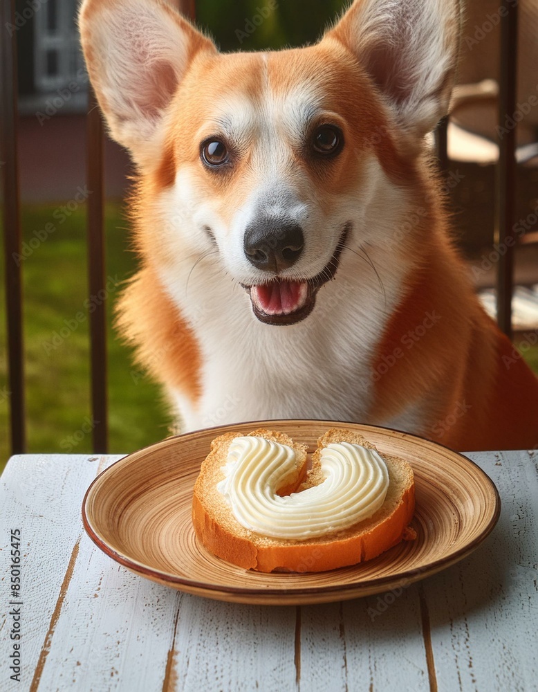 Un perro feliz mirando un delicioso bagel tostado con queso crema en un ...