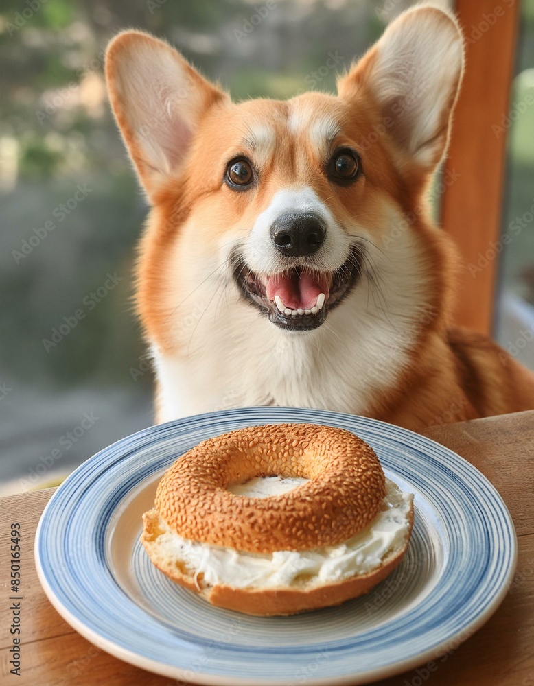 Un perro feliz mirando un delicioso bagel tostado con queso crema en un ...