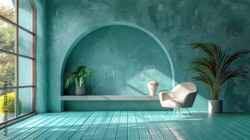 Contemporary 3D office with a cambered arch, teal wooden floor, and ...