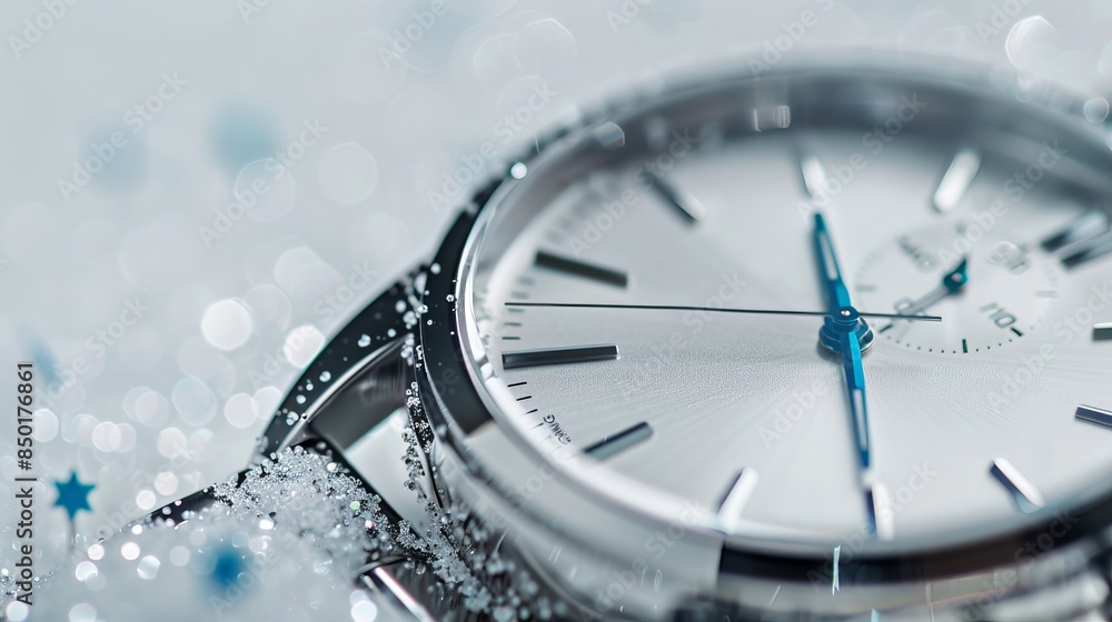 Watch: A sleek silver watch against a white background, with tiny blue ...
