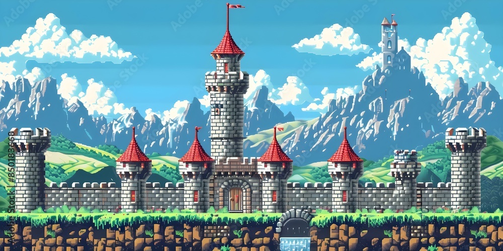 8bit vintage computer game background with castles and towers in retro ...