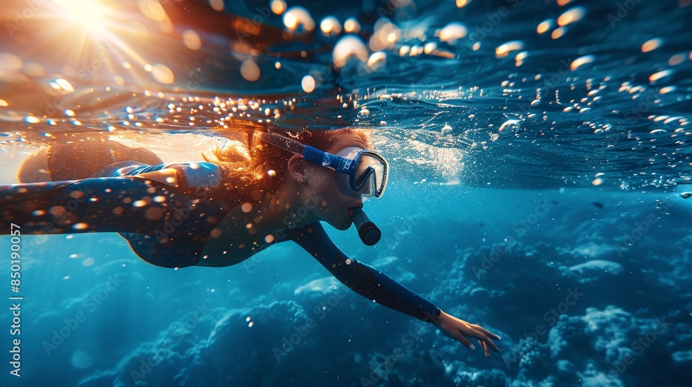 Young girl in swimsuit exploring underwater world and admiring bubbles ...