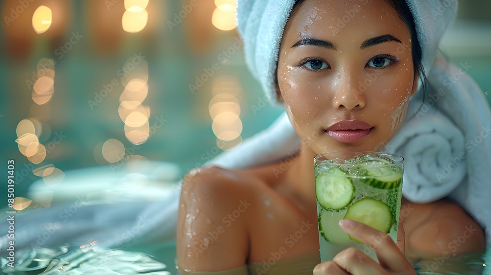 An Asian woman with perfect skin wrapped in a plush white towel ...