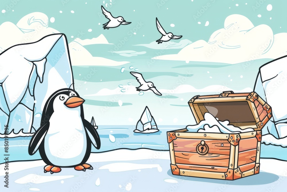 Cartoon cute doodles of a penguin finding a hidden treasure chest on an ...