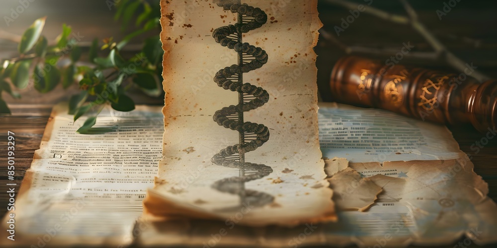 Vintage background with family tree DNA genes and ancestral documents ...