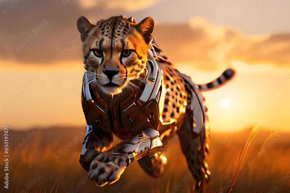 A graceful cheetah sprinting across the savannah, adorned with ...